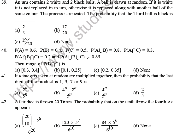 JEE Mathematics Probability MCQs Set A with Answers JEE Mathematics Probability MCQs Set A with Answers